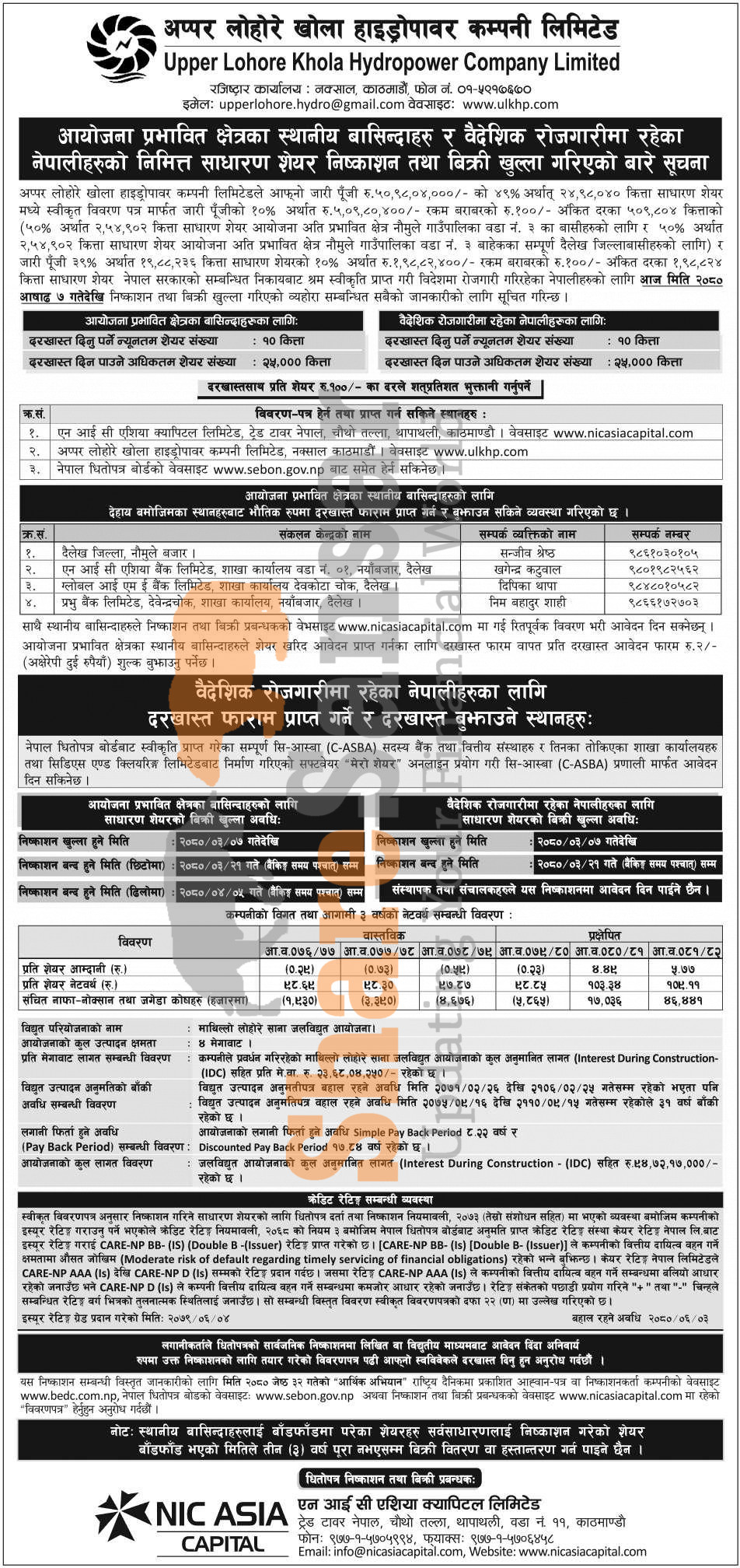 Upper Lohore Khola Hydropower Company Limited is opening its 5,09,804 ...