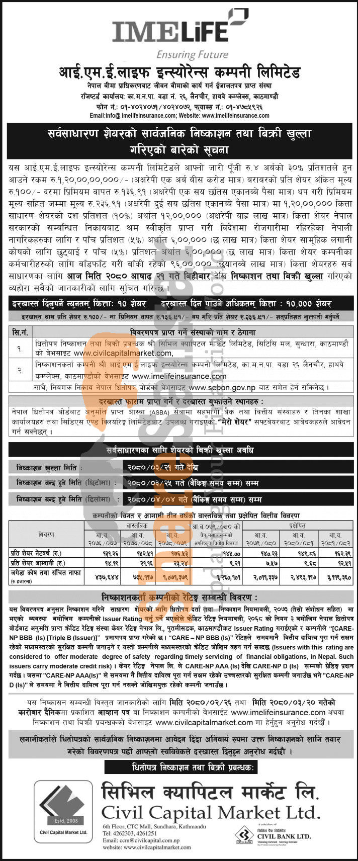 IME Life Insurance Company Limited is opening its 96,00,000 units IPO ...