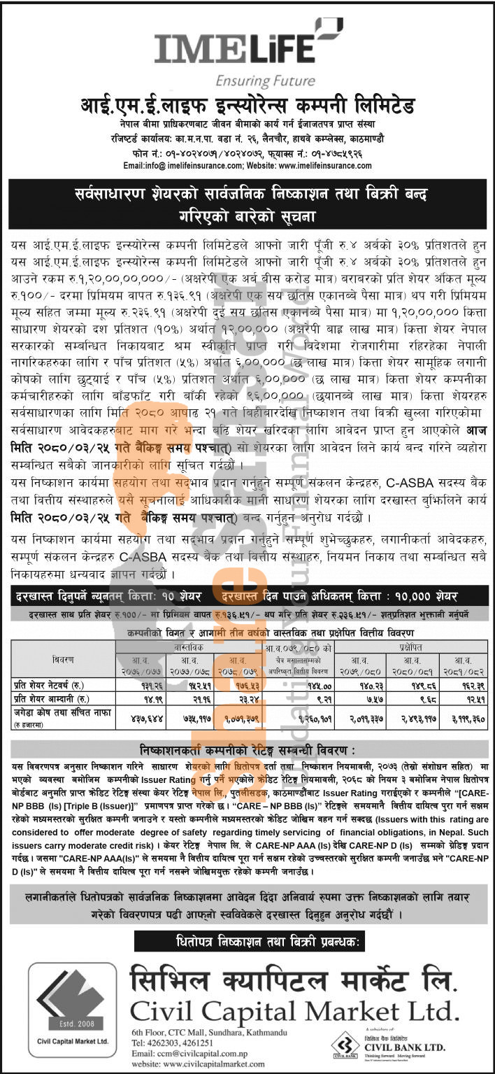 IME Life Insurance Company Limited is closing 96,00,000 units IPO ...