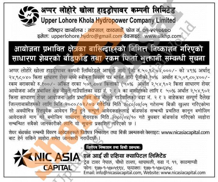 Upper Lohore Khola Hydropower Company Limited has alloted its 5,09,804 ...