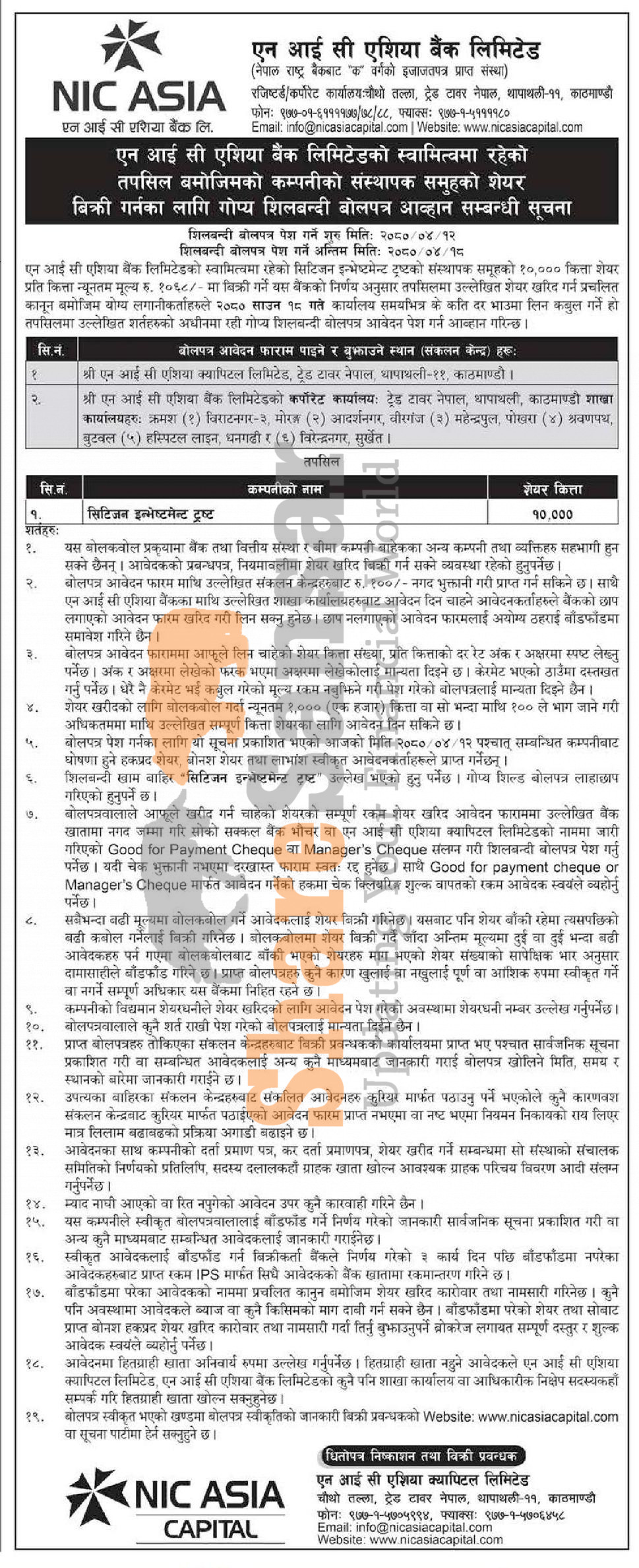 NIC Asia Bank Limited is going to auction 10,000 units promoter shares ...