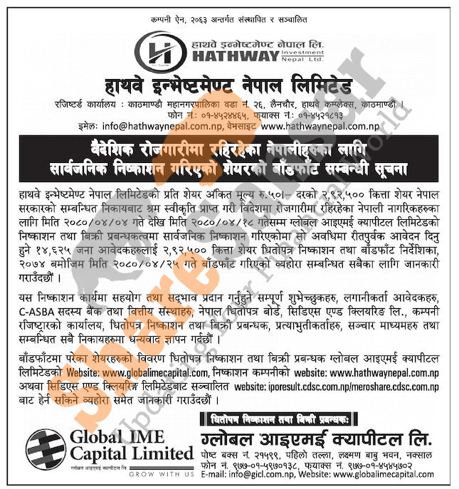 Hathway Investment Nepal Limited has distributed its 2,92,500 units IPO ...