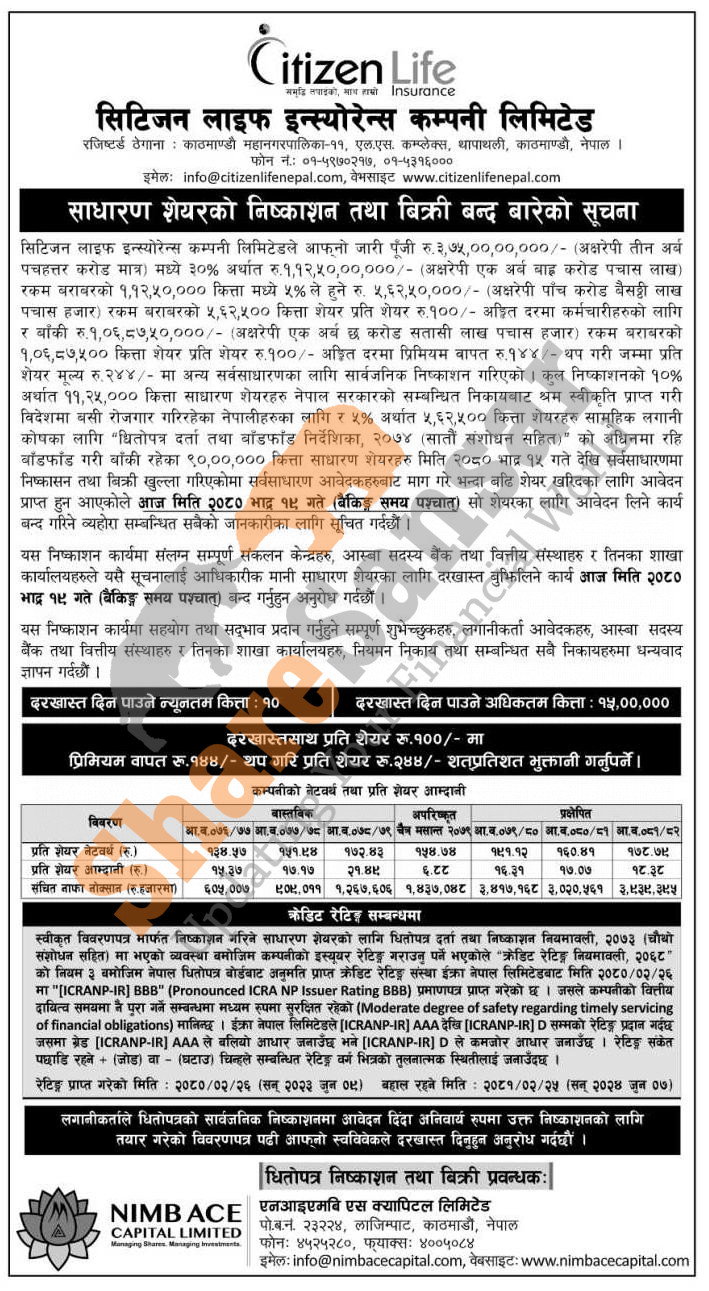 Citizen Life Insurance Company Limited is closing its 90,00,000 units ...