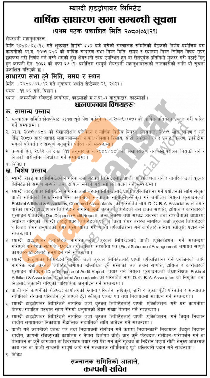 Myagdi Hydropower Limited has announced its AGM going to be held on ...
