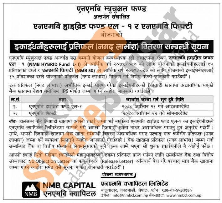 NMB Capital Limited has distributed 15% cash dividend of both "NMB ...
