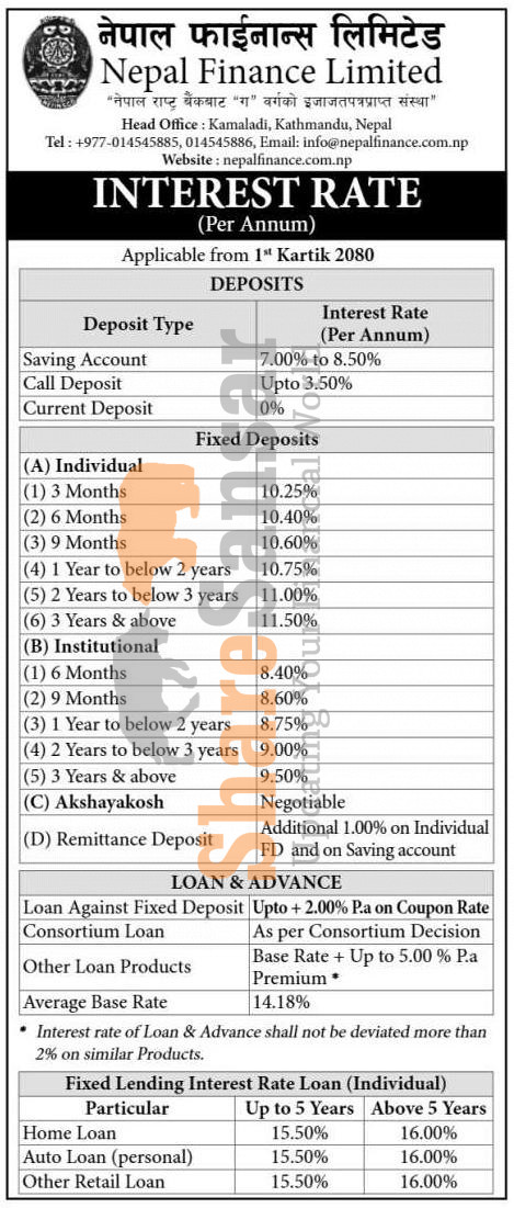 Nepal Finance Limited has published a notice regarding the new interest ...