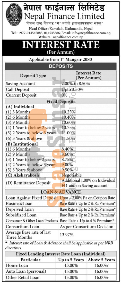 Nepal Finance Limited has published a notice regarding the new interest ...