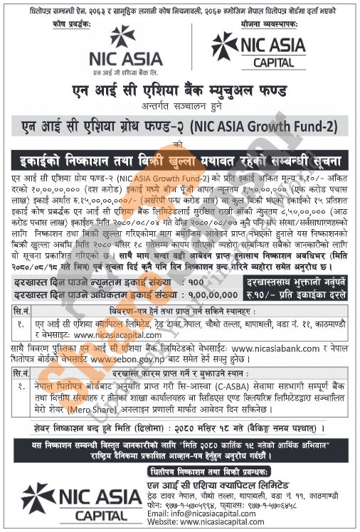 NIC Asia Capital Limited has extended its 100 million units of Rs 10 ...