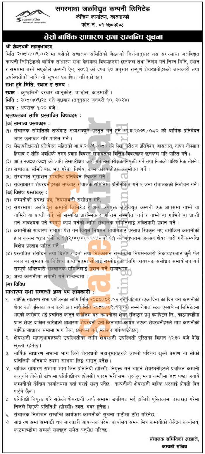 Sagarmatha Jalbidhyut Company Limited has announced its 3rd AGM going ...