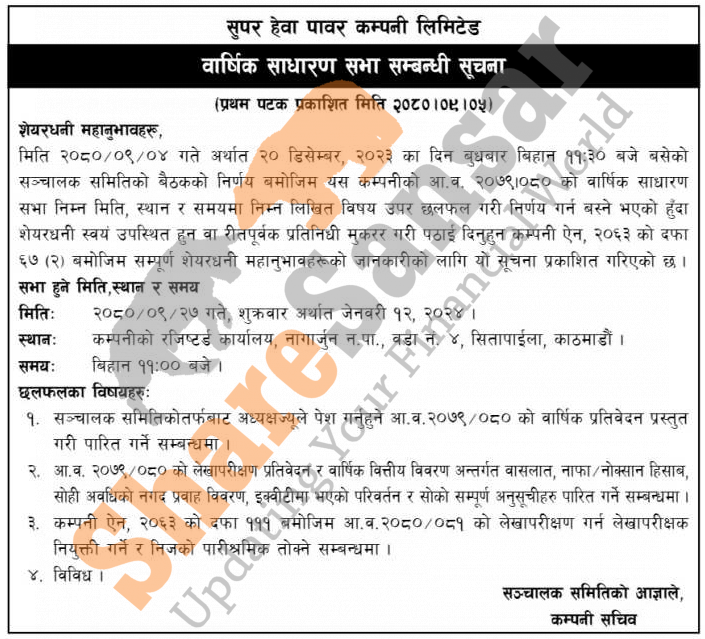 Super Hewa Power Company Limited has announced its AGM going to be held ...