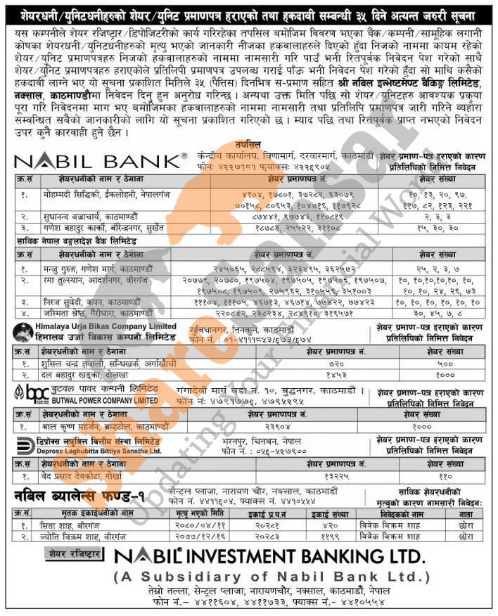 Nabil Bank Limited has published a notice regarding a claim for lost ...