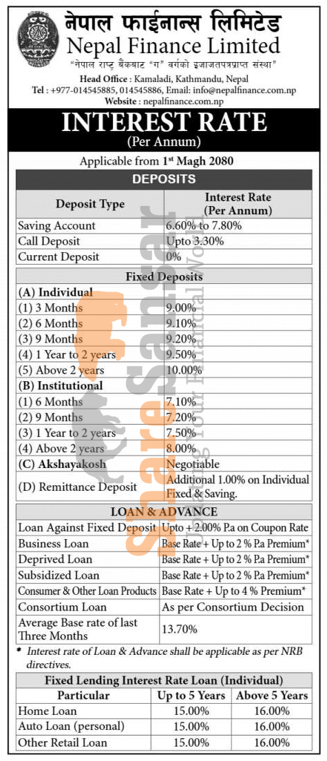 Nepal Finance Limited has published a notice regarding the new interest ...