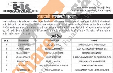 Himalayan Life Insurance Limited has published a notice regarding a ...