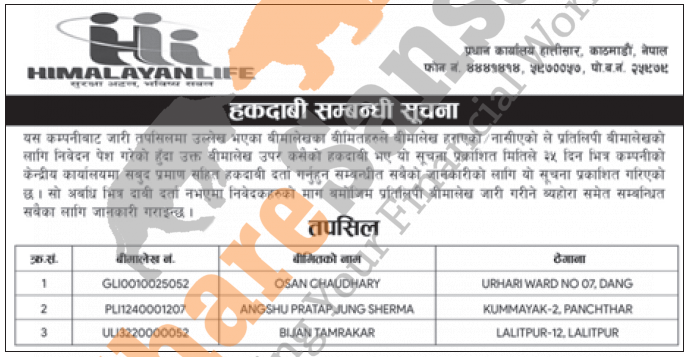 Himalayan Life Insurance Limited has published a notice regarding a ...