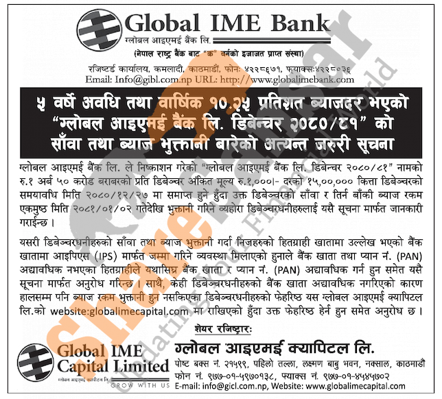 Global IME Capital Limited has published a notice regarding the ...