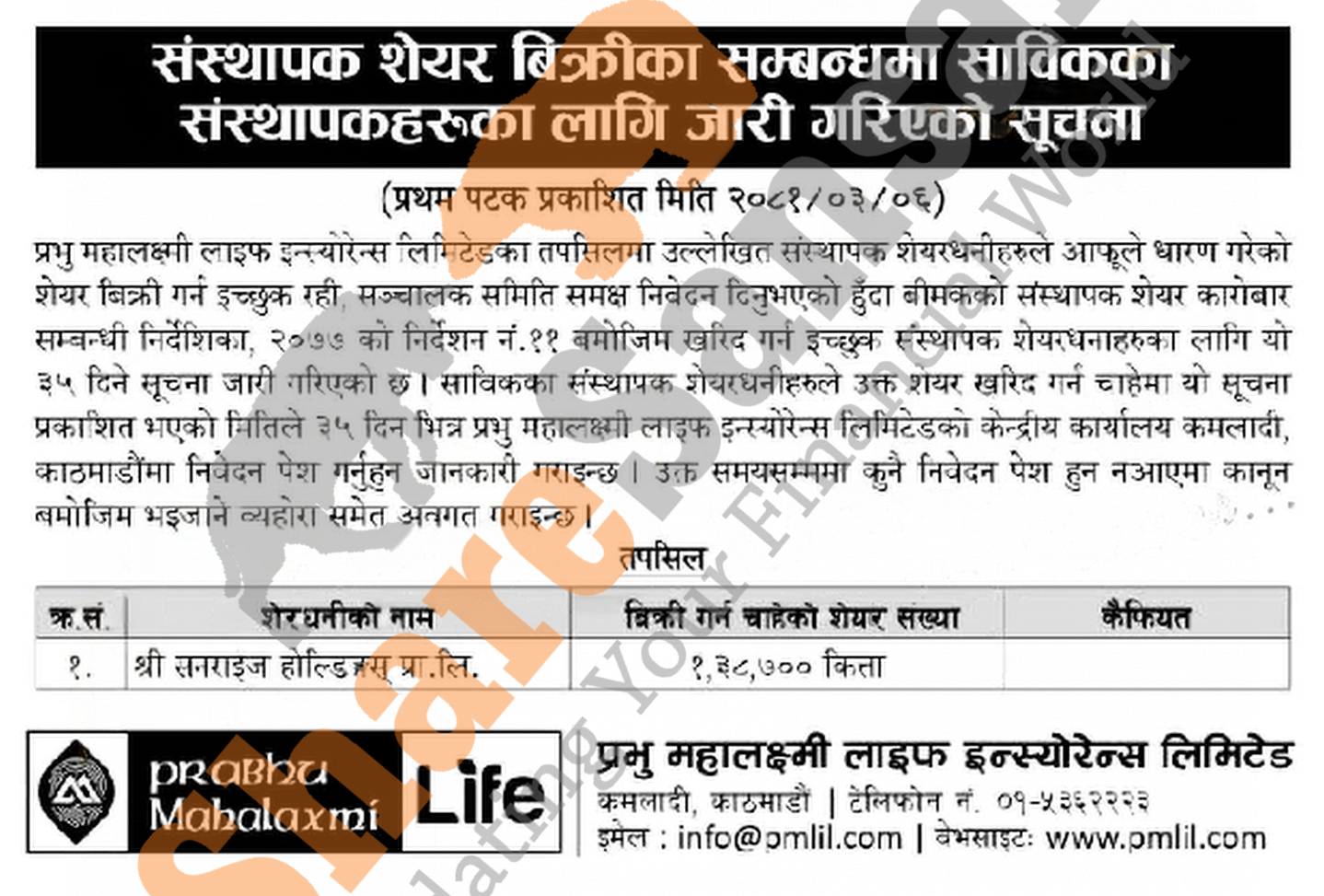 The existing promoter of Prabhu Mahalaxmi Life Insurance Company ...