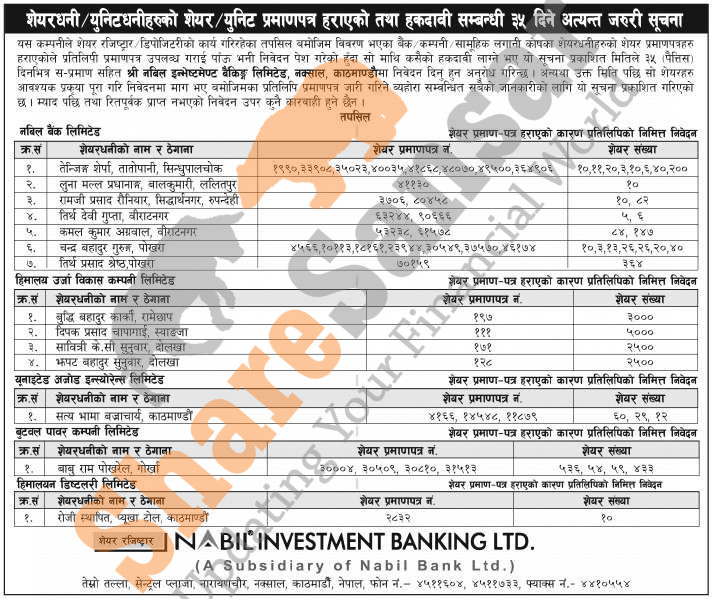 Nabil Investment Banking Limited has published a notice regarding a ...