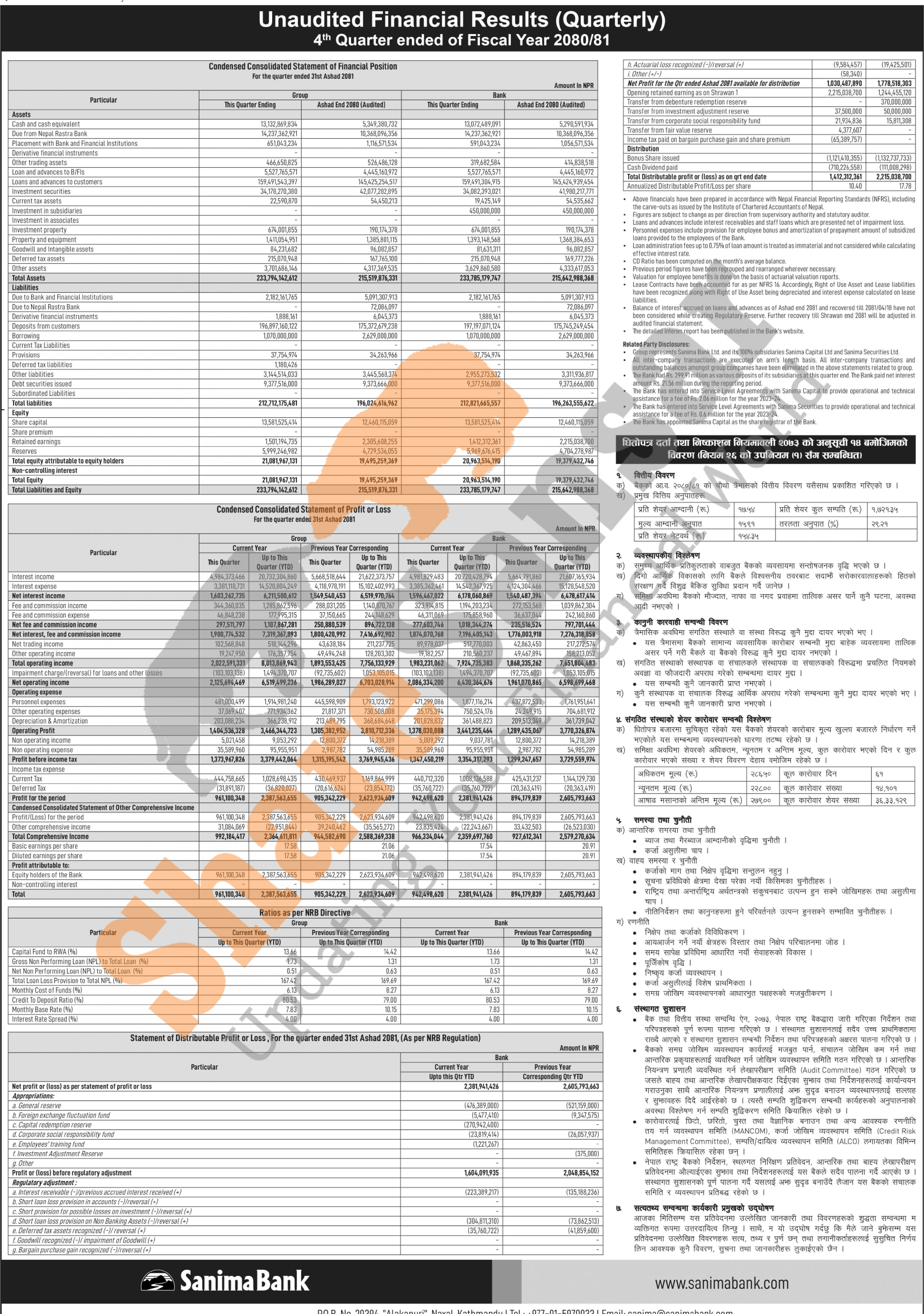 Sanima Bank Limited has posted a net profit of Rs 2.38 billion and ...