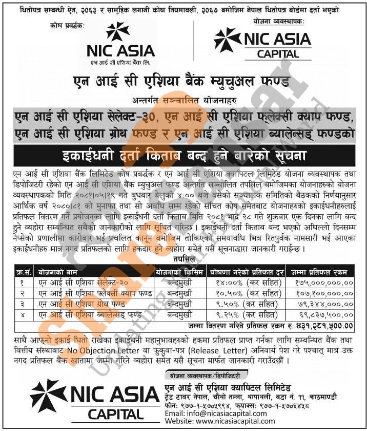 NIC Asia Capital Limited has announced a book closure date of its "NIC ...