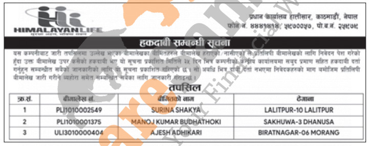 Himalayan Life Insurance Limited has published a notice regarding a ...