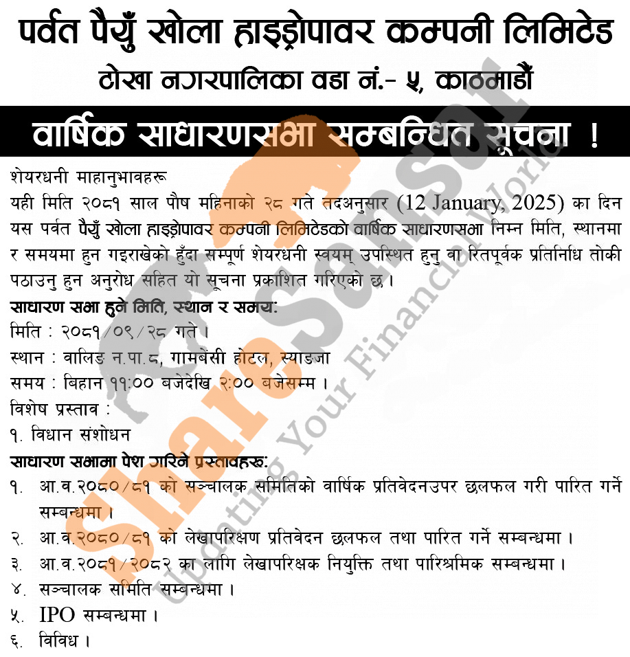 Parbat Paiyu Khola Hydropower Company Limited has announced its AGM ...