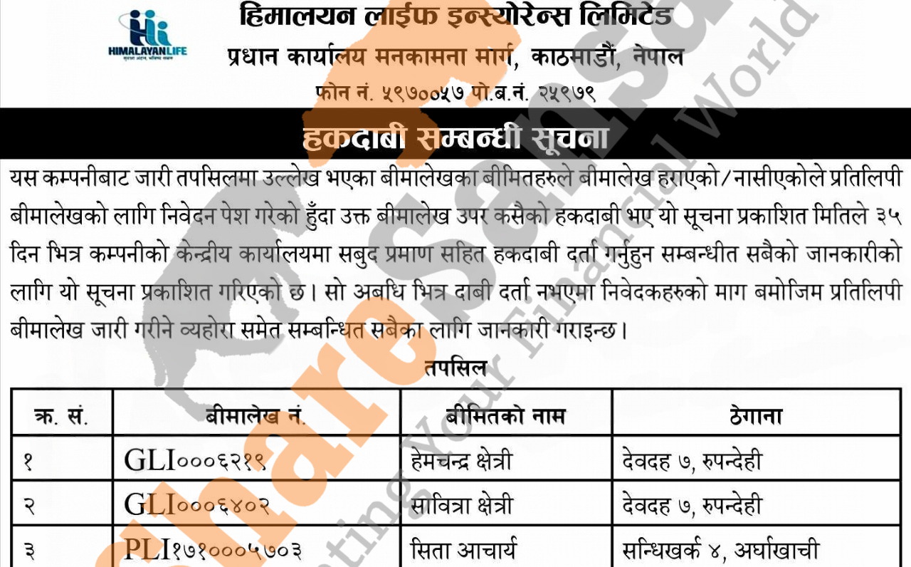 Himalayan Life Insurance Limited has published a notice regarding a ...