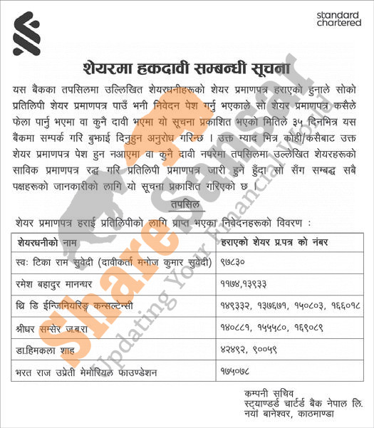 Standard Chartered Bank Nepal Limited has published a notice regarding ...