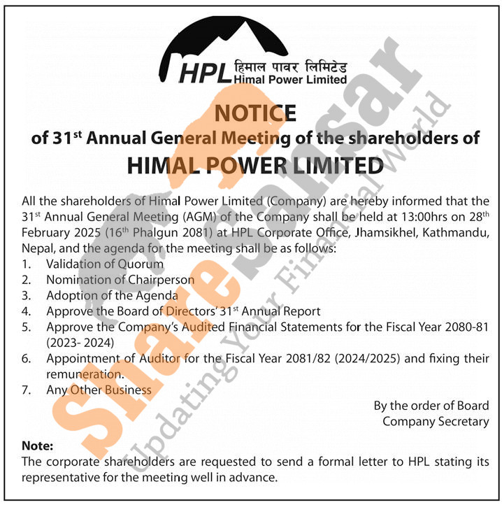 Himal Power Limited has announced its 31st AGM going to be held on 16th ...