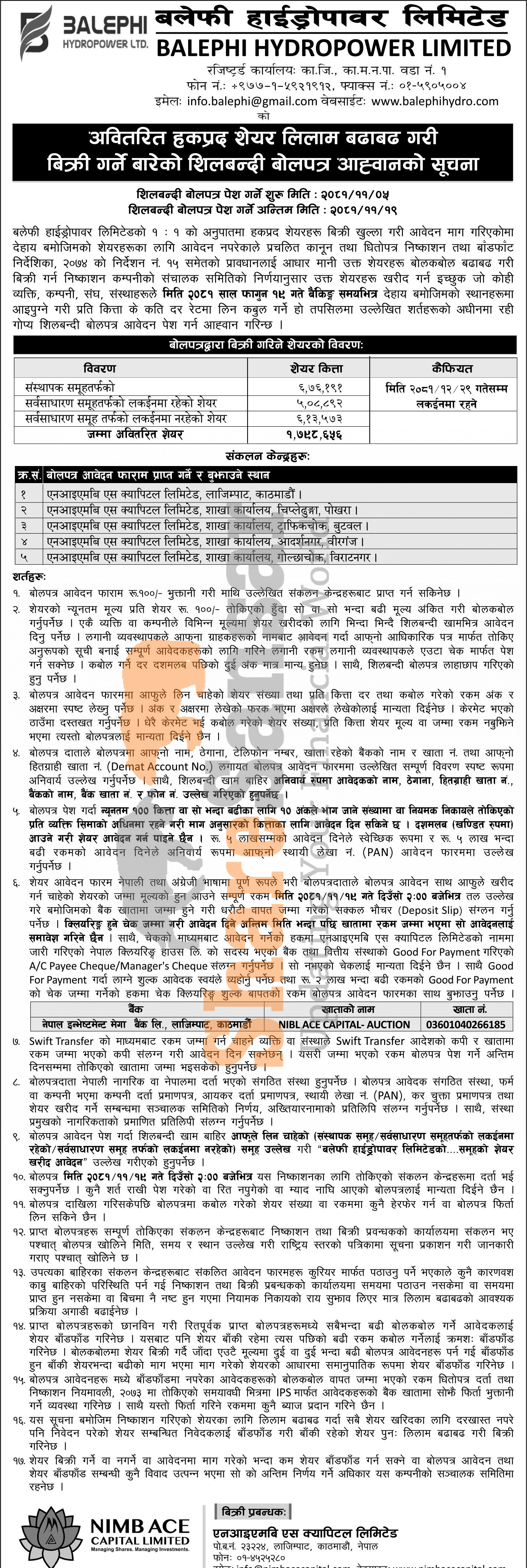 Balephi Hydropower Limited is selling its 17,98,656 units of promoter ...