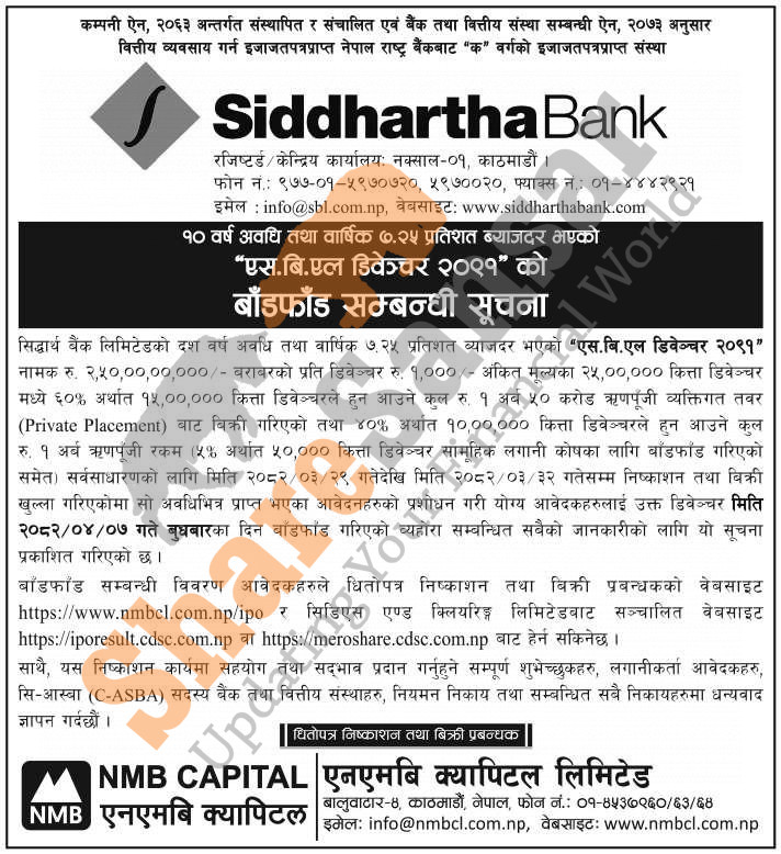 Siddhartha Bank Limited has allotted (25,00,000 units @ Rs.1000 per ...