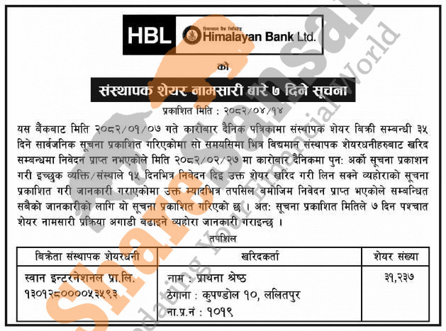 Himalayan Bank Limited has published a notice regarding ownership ...