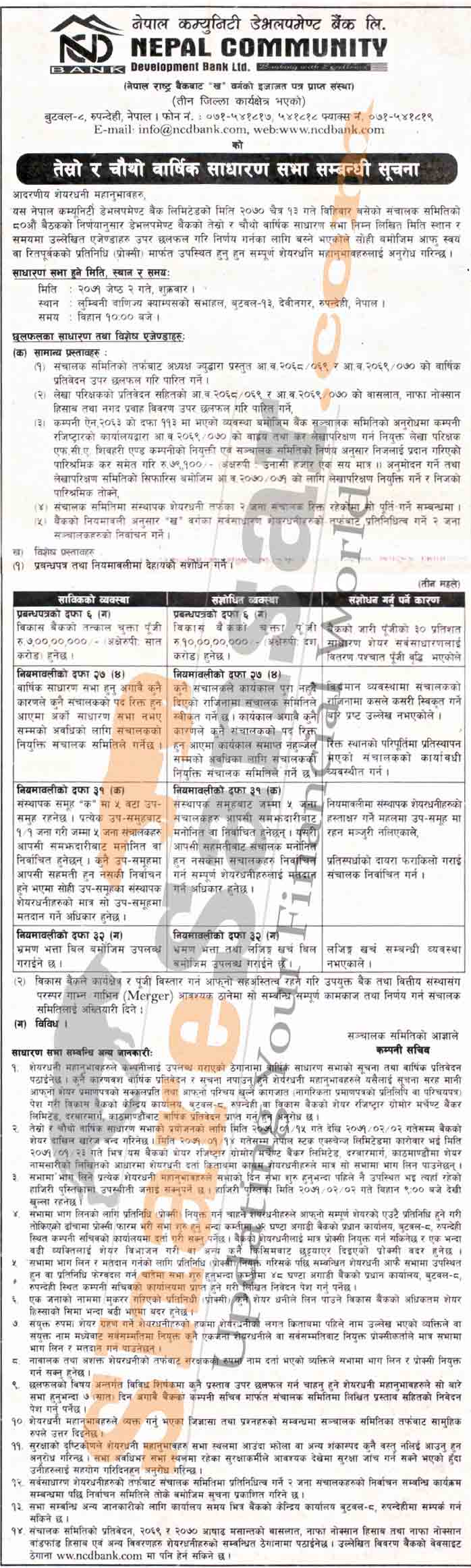 Nepal Community Development Bank Limited has announced its 3rd & 4th ...