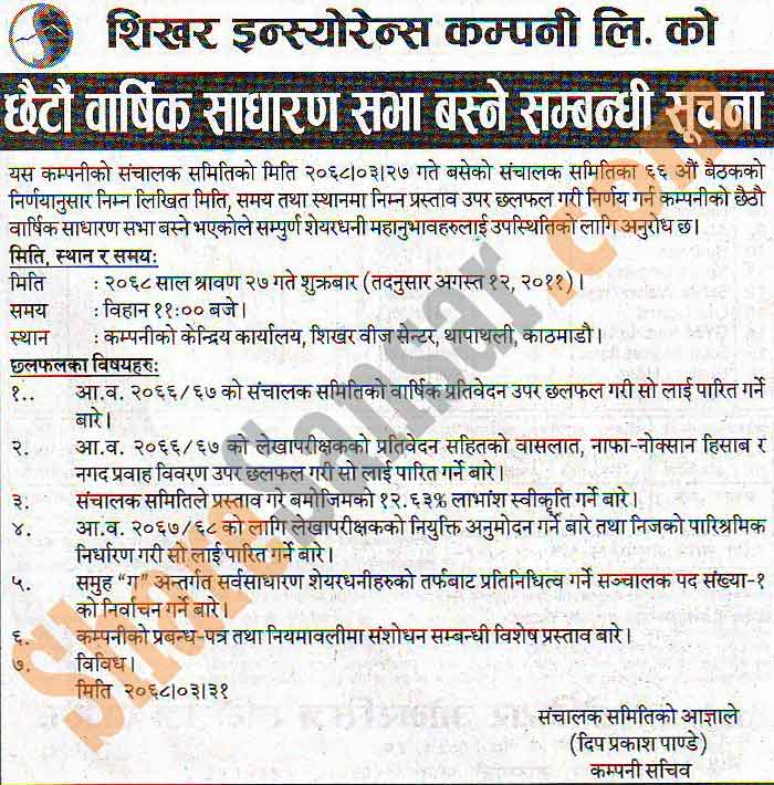 Shikhar Insurance Company Limited is going to conduct its 6th AGM on ...